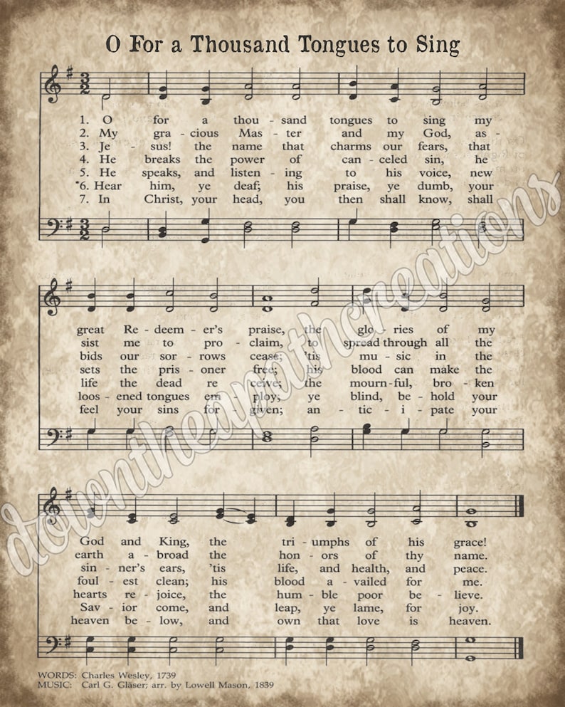 O for a Thousand Tongues to Sing Hymn Print, Printable Vintage Sheet ...