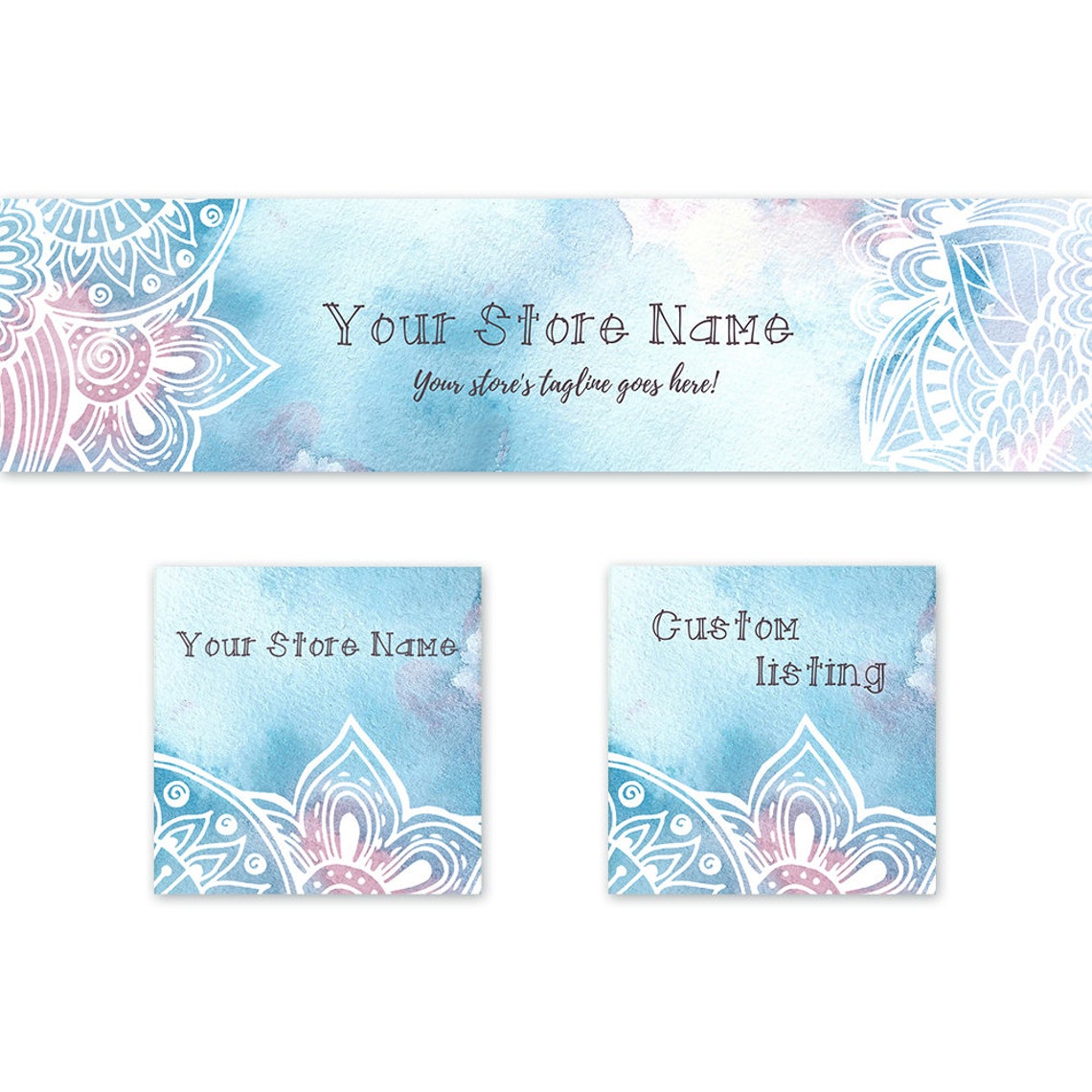 Watercolor Etsy Cover Photo Set, Shop Icon, Custom Listing Image, Blue ...