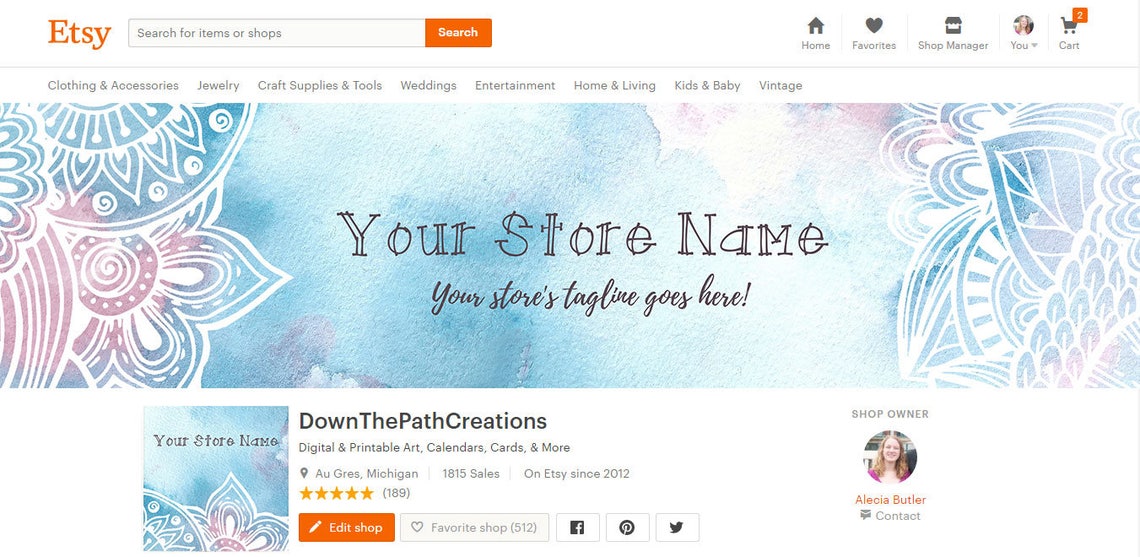 Watercolor Etsy Cover Photo Set, Shop Icon, Custom Listing Image, Blue ...