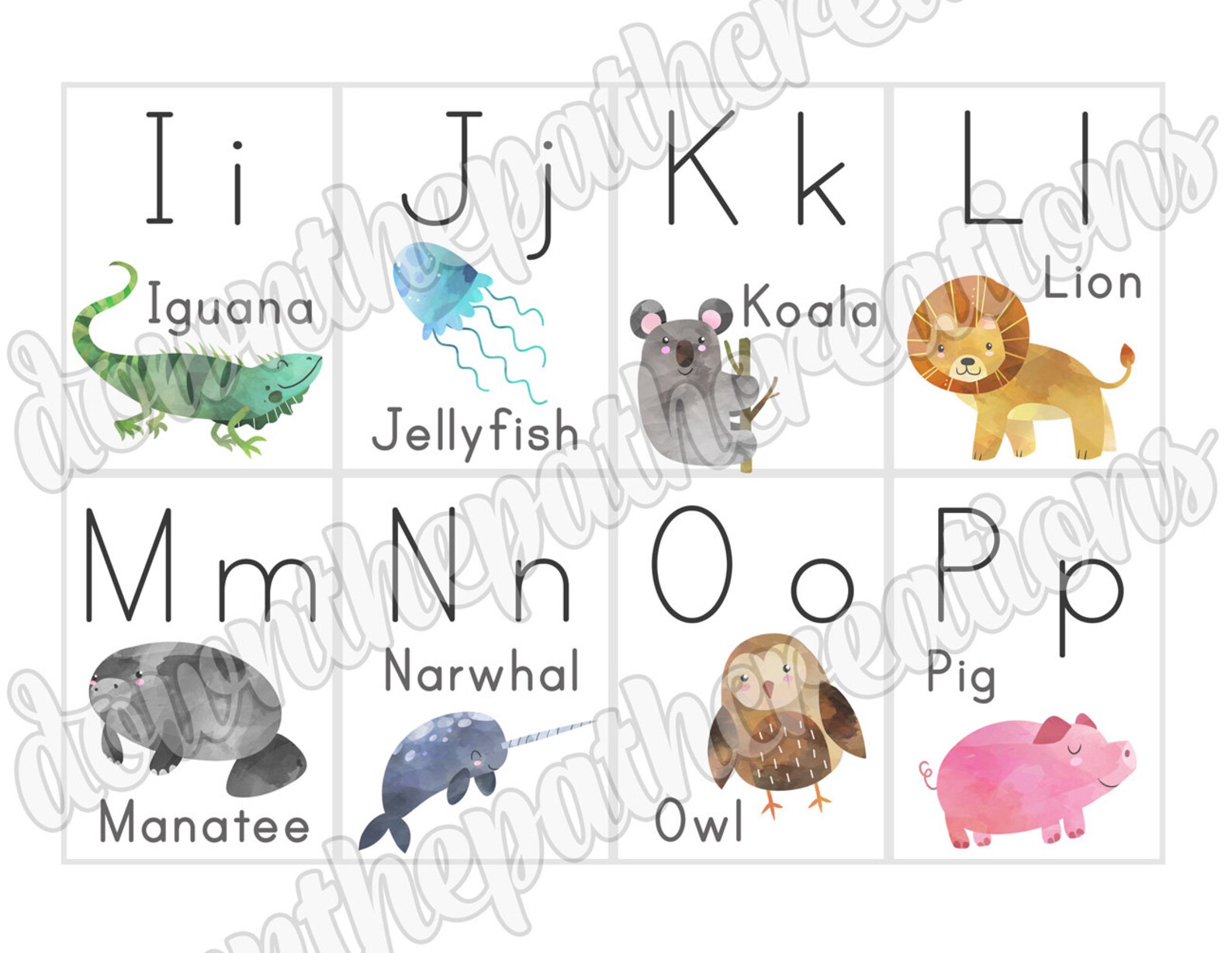 Alphabet Cards Watercolor Animals, Instant Download, Montessori ...