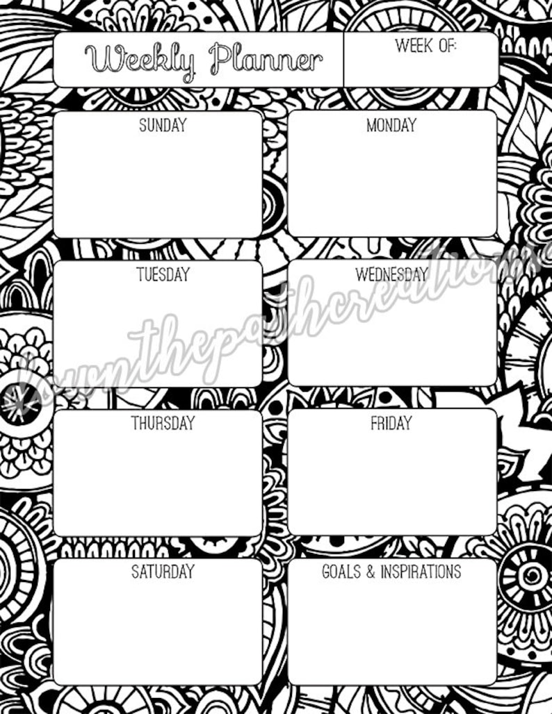 Adult Coloring Weekly Planner Printable Pages, Instant Download, US ...
