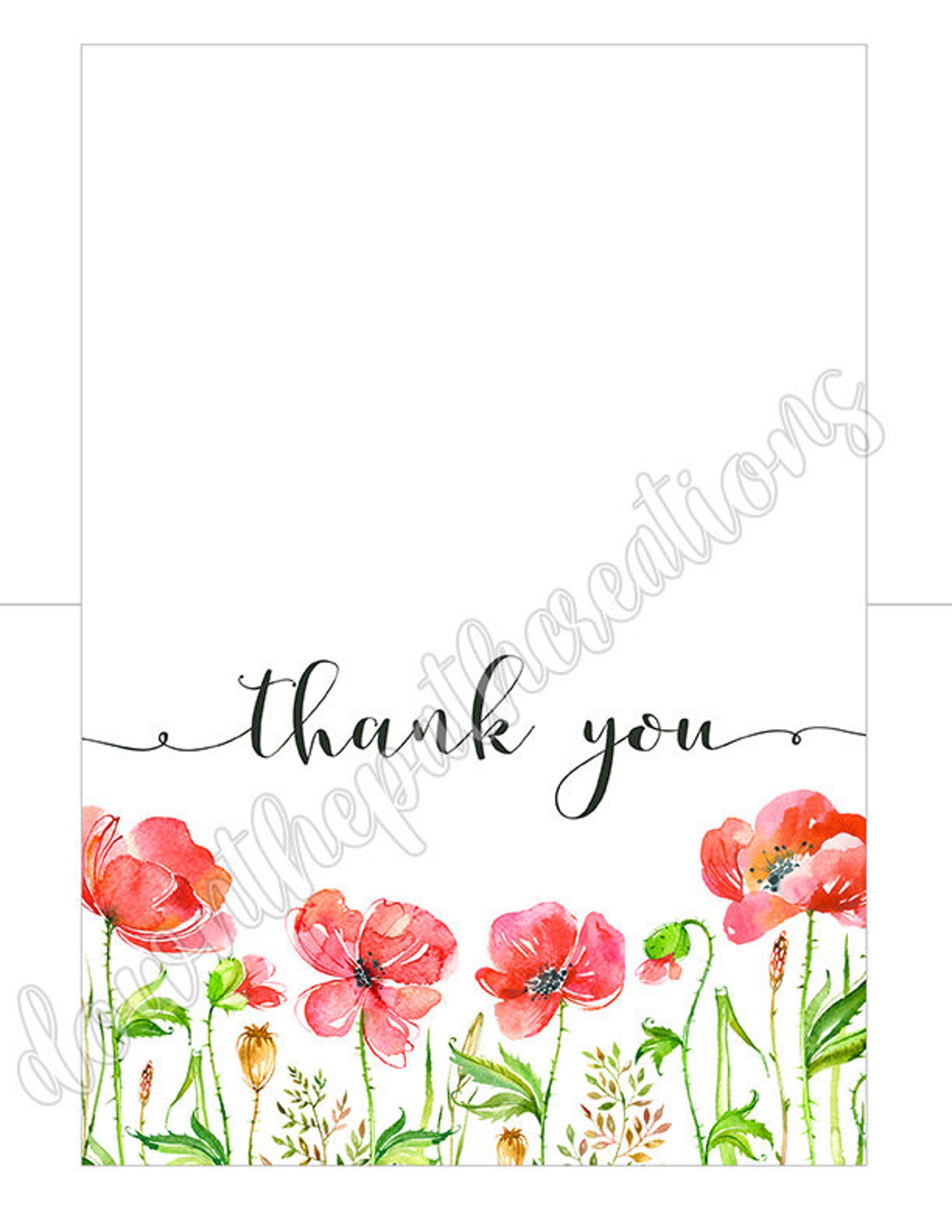 Printable Thank You Card Watercolor Flowers Red Poppies PDF - Etsy