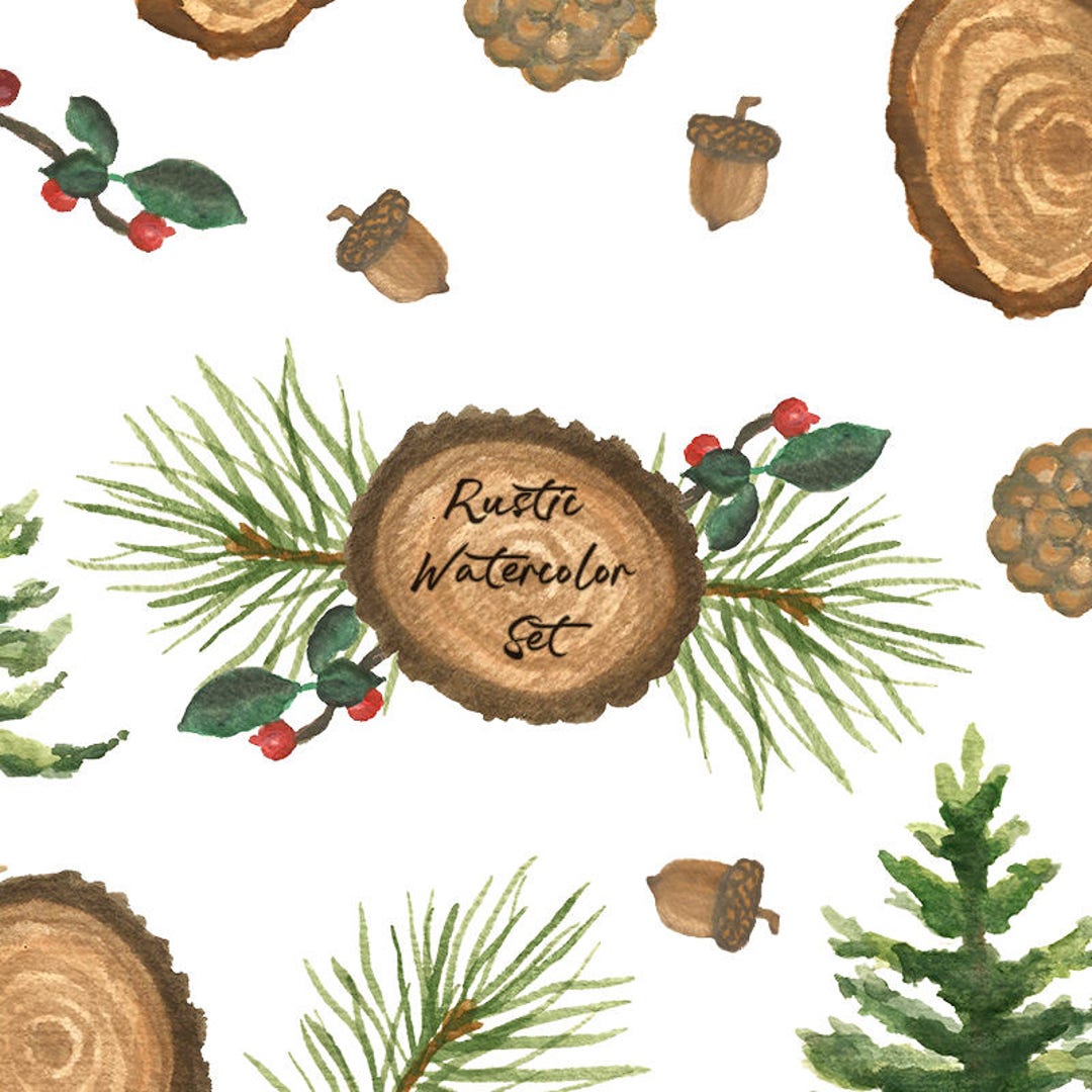 Rustic Watercolor Clip Art Set, Pine Tree Painting, Wood Slice, Acorn ...