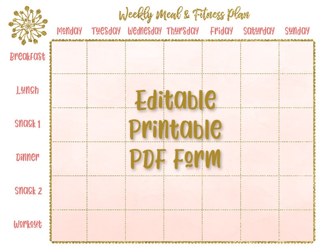 Printable Weekly Meal & Fitness Plan Editable PDF Instant | Etsy