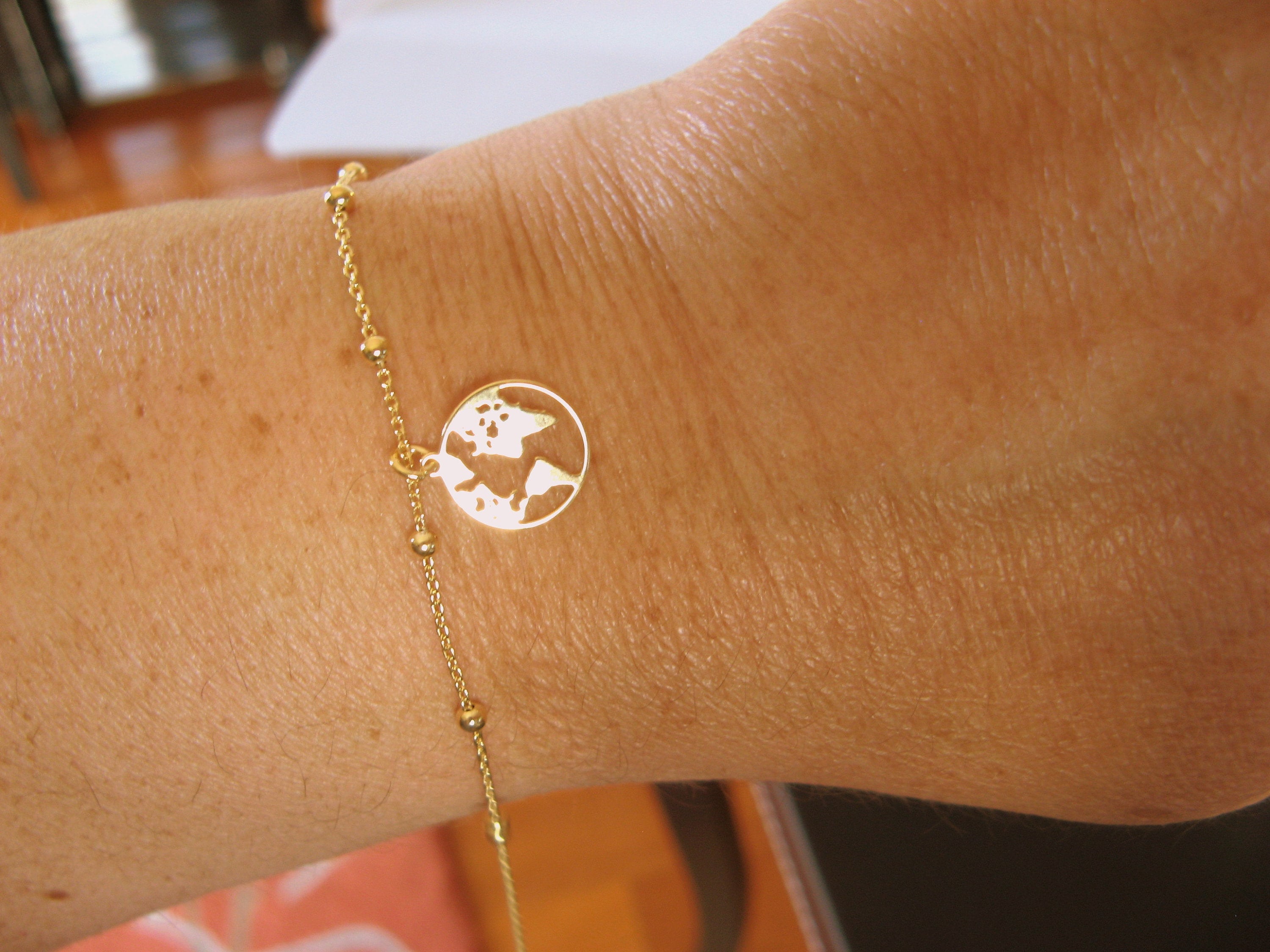 Dainty Satellite Bracelet with world map charm sterling | Etsy