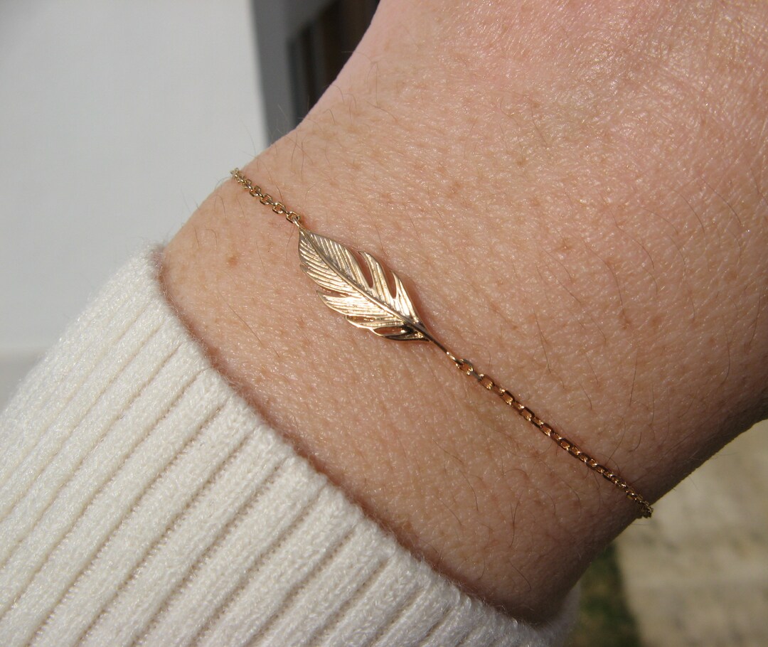 Dainty Feather Bracelet, 18 Karat Gold Plated Feather Bracelet, Small ...