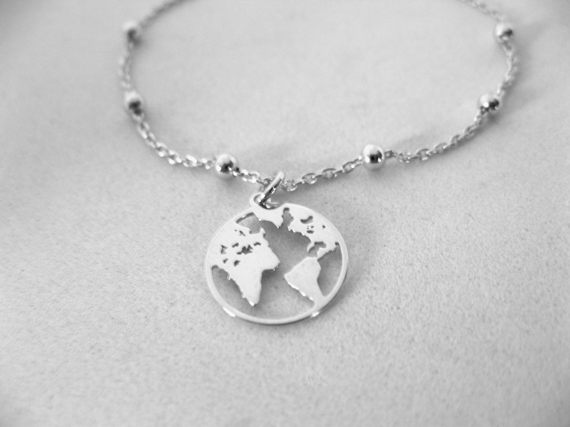 Dainty Satellite Bracelet with world map charm sterling | Etsy