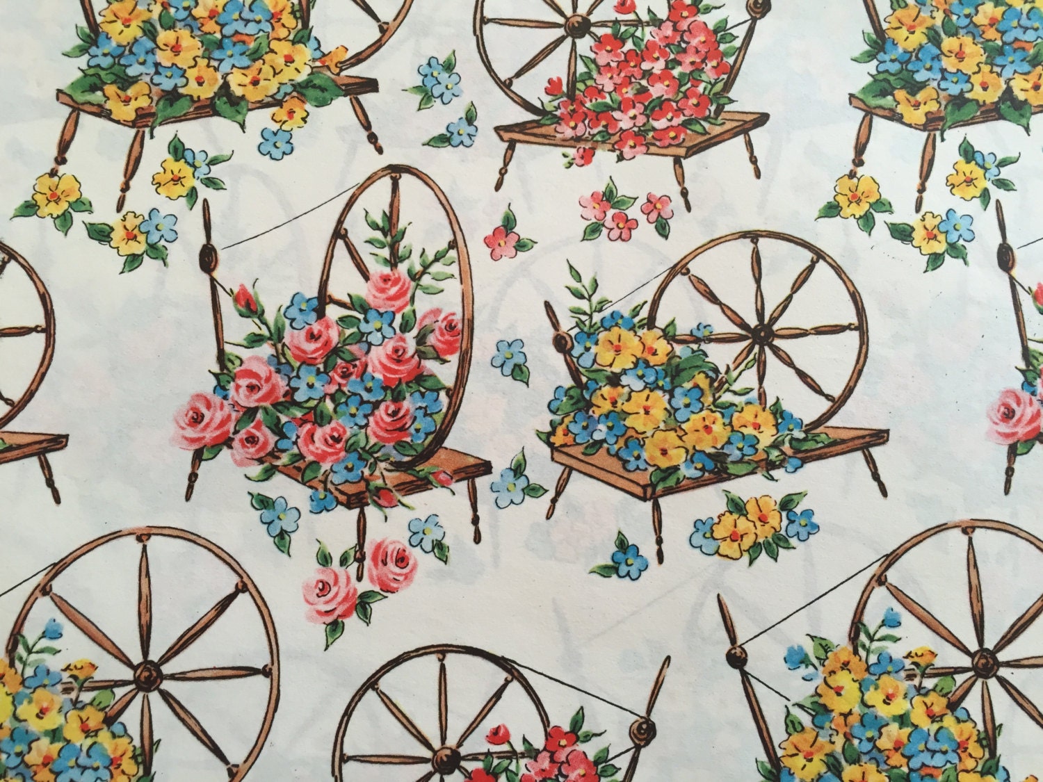 Vintage Gift Wrapping Paper - Spinning Wheel Wishes Floral Paper - All ...
