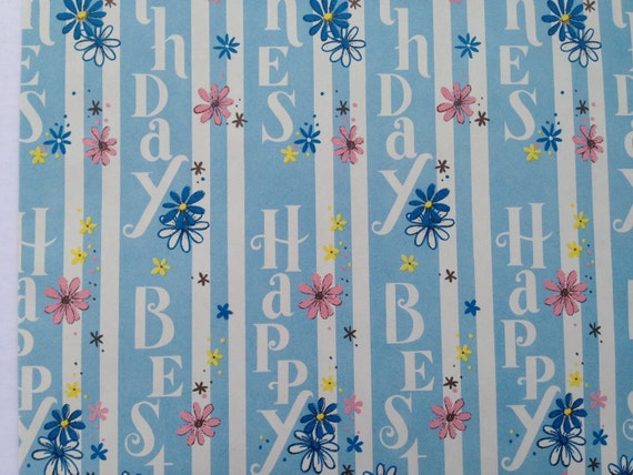 Vintage Gift Wrapping Paper Blue Floral Stripe Birthday | Etsy