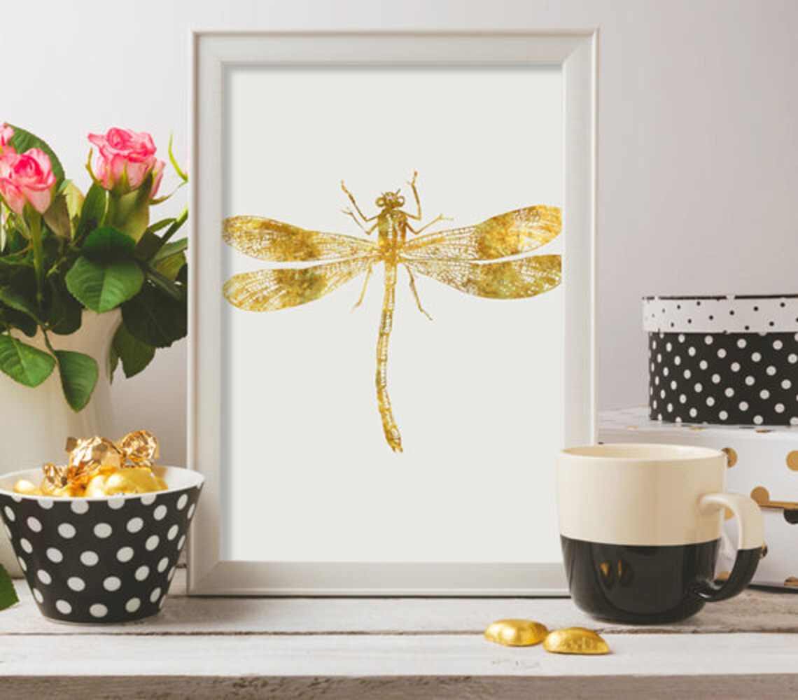 Printable Dragonfly Print, Printable Wall Art, Dragonfly Poster, Golden ...