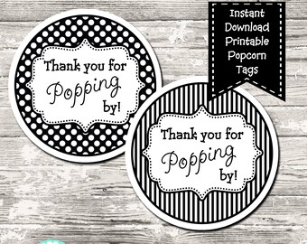 Thank You For Popping By Popcorn Label Favor Tags Circle Tags | Etsy