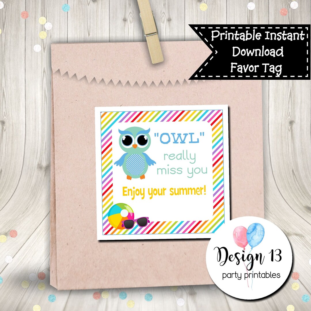 Owl Miss You End of School Year End Square Tag Digital Printable ...