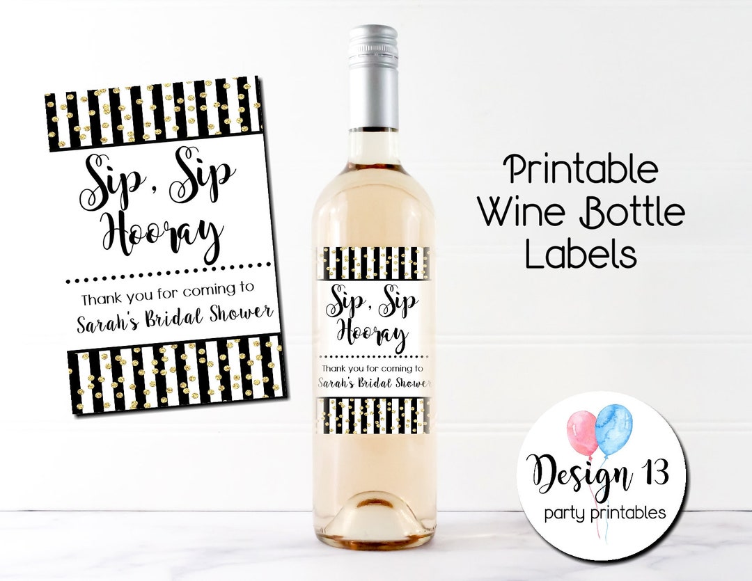 Sip Sip Hooray Wine Bottle Label Wine Label Gold Confetti Black & White ...