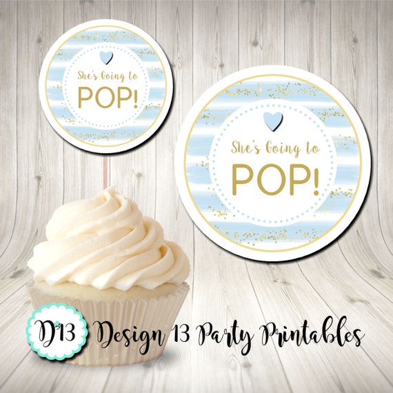 She's Going To Pop Blue Watercolor Stripe Baby Shower Cupcake Topper ...