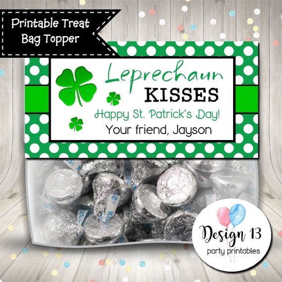 St Patrick's Day Leprechaun Kisses Treat Bag Topper Digital Printable ...