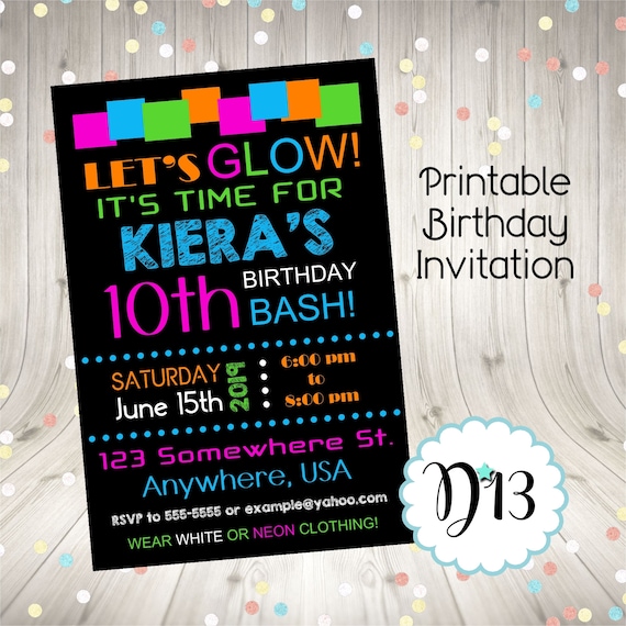 Glow Neon Birthday Party Invitation Printable Digital by Design 13 ...
