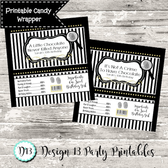 Murder Mystery Black White Stripe with Gold Birthday Party Candy Bar ...