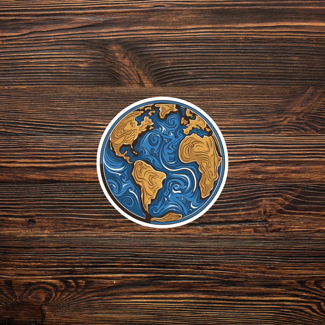Vibrant Blue and Gold World Map Sticker Swirling Continents Map Art ...