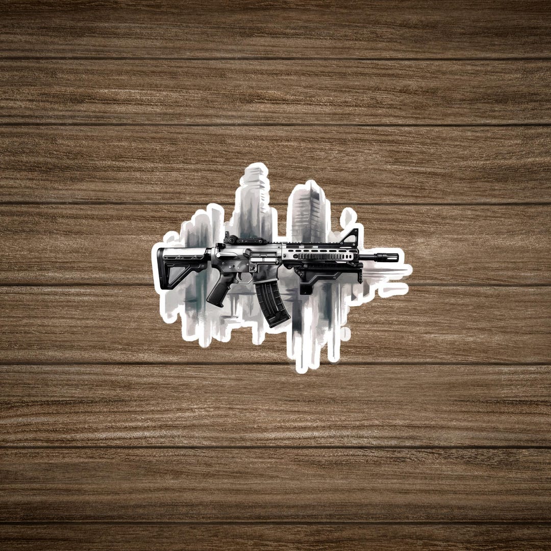 Assault Rifle Watercolor Painting City Skyline Military Weapon Wall Art ...