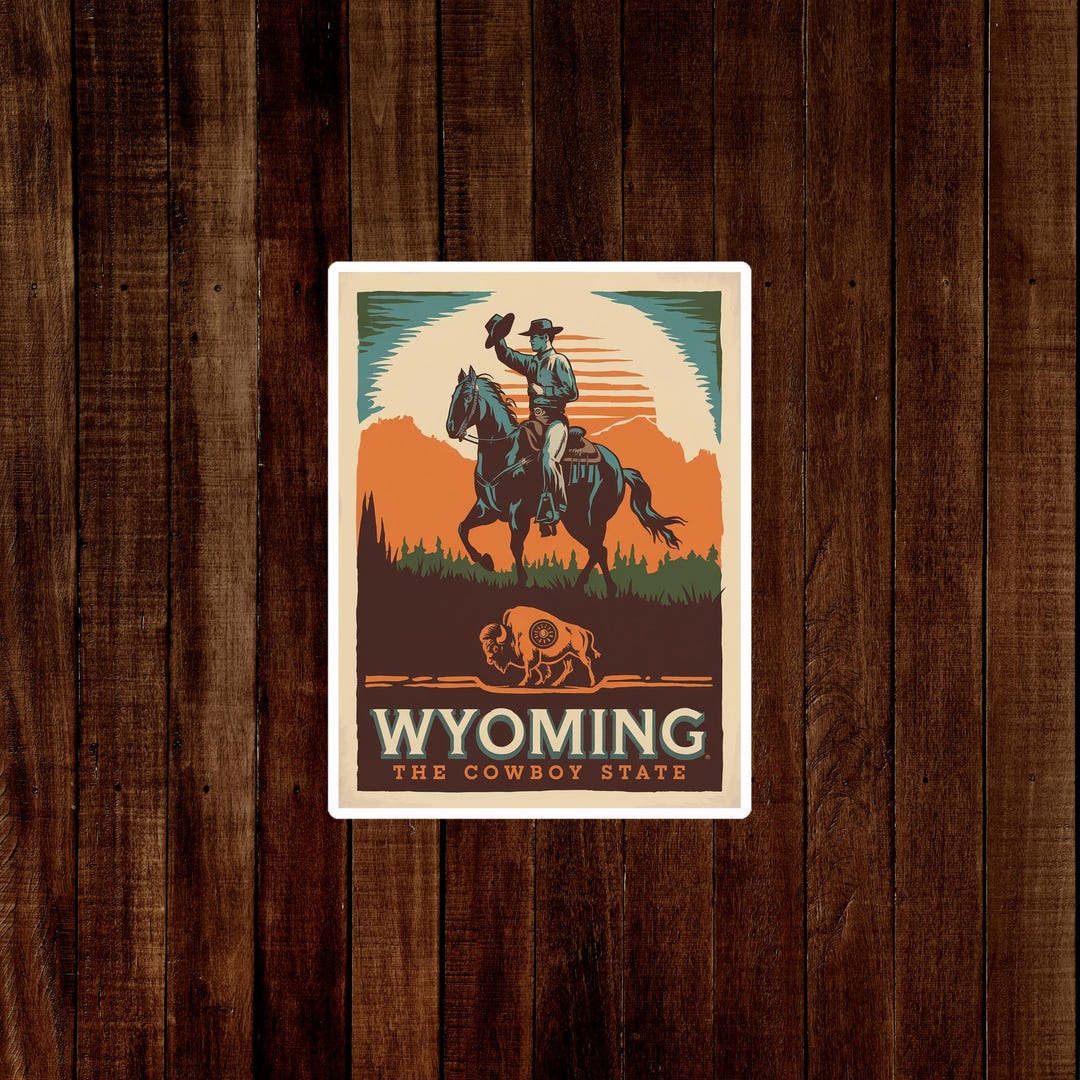 Vintage Wyoming Cowboy State Travel Sticker Retro Western Sunset ...