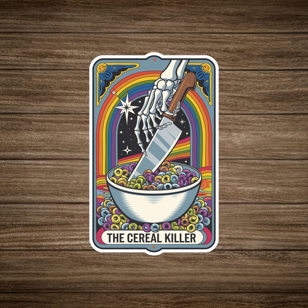 Retro Skeleton Hand Cereal Killer Sticker Funny Rainbow Breakfast Humor ...