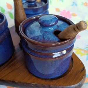 Pottery Condiment Set With Wood Tray and Spoons, Vintage Kitchen ...