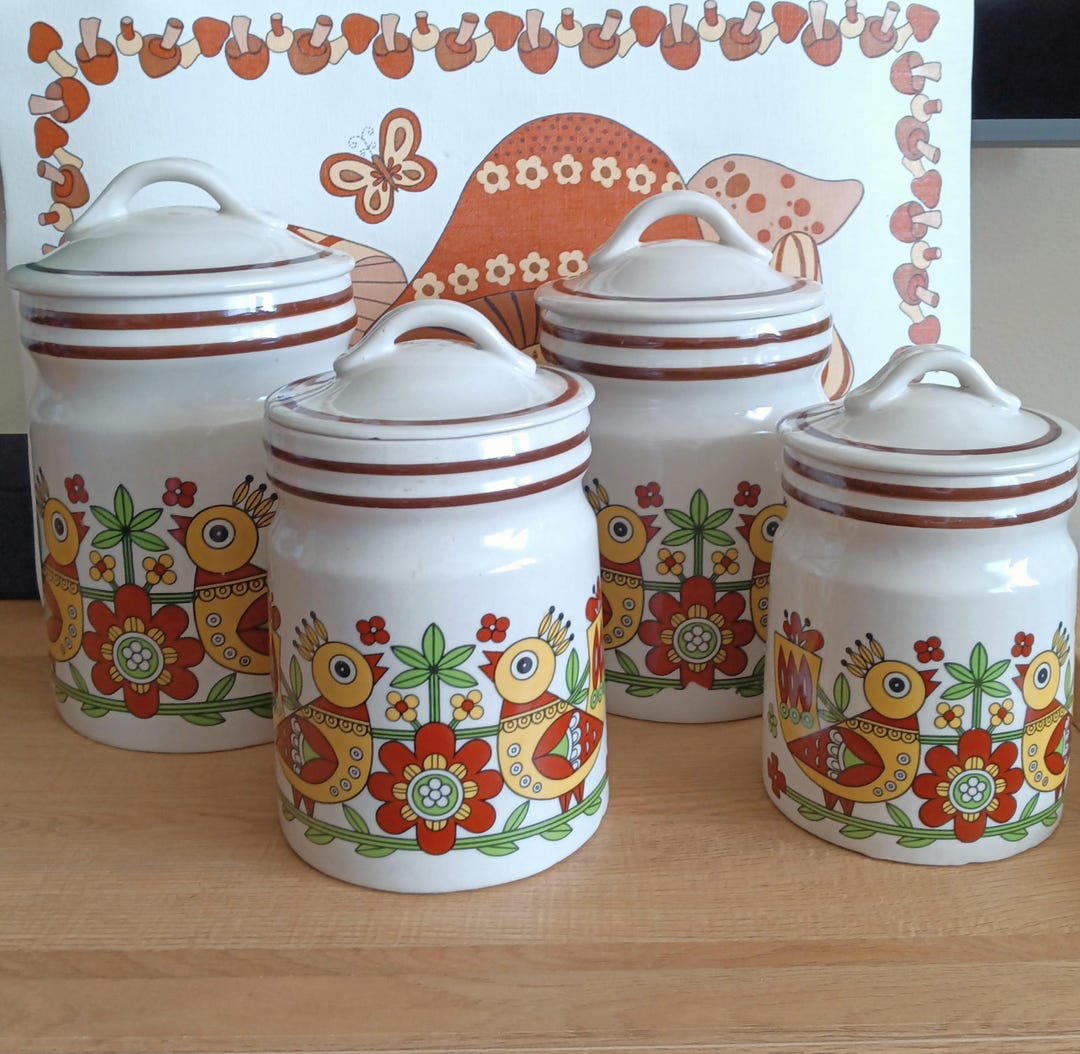 Scandinavian Bird Canisters, Complete Set of 4 With Lids, Vintage Folk ...