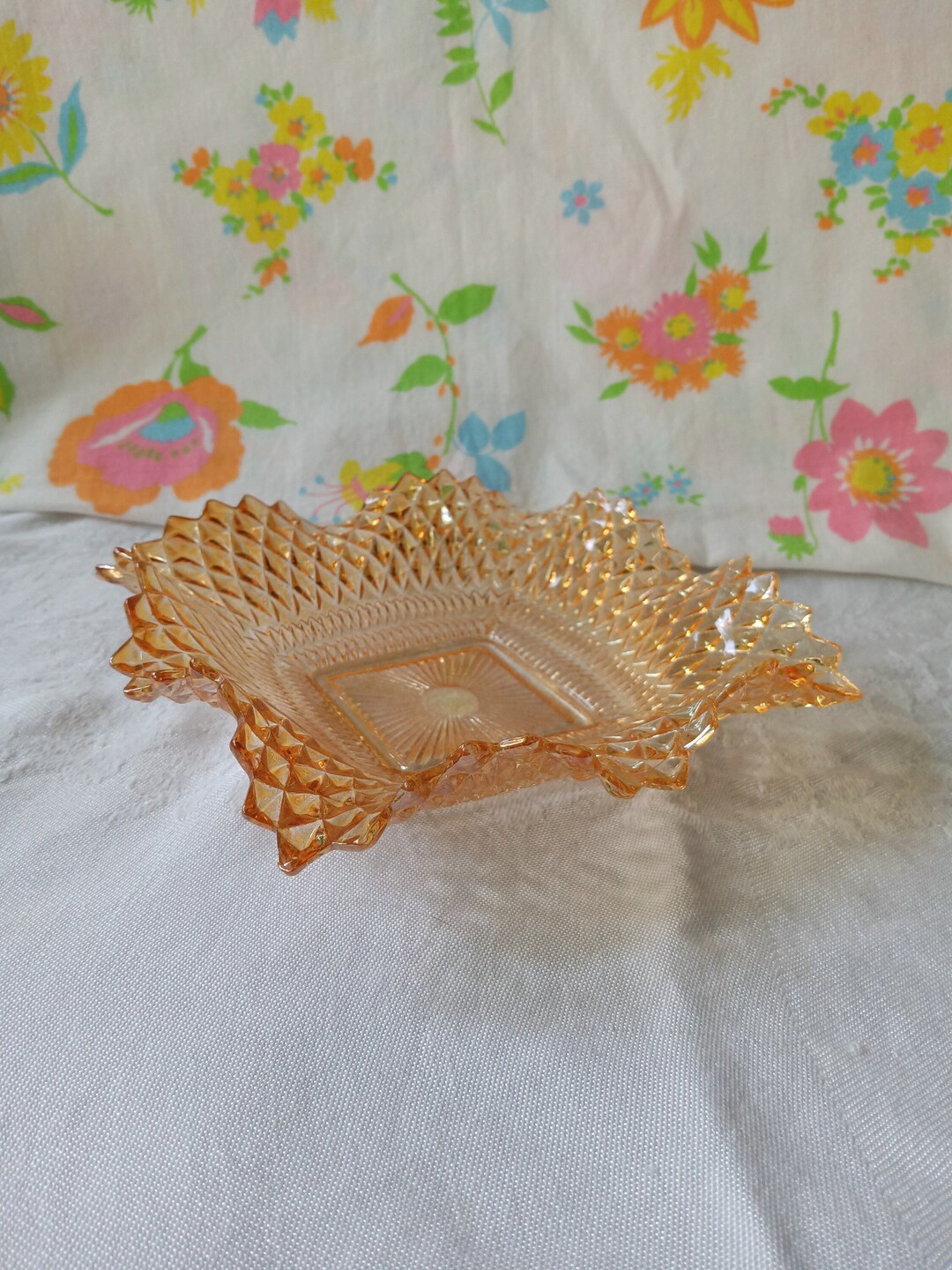 Indiana Glass Marigold Candy Dish, Ruffled Edges, Diamond Point ...