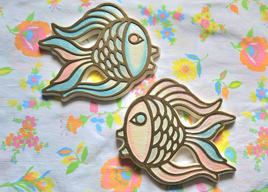 1972 Angeli Chalkware Fish, Vintage Mermaid Bathroom, Wall Hanging Set ...