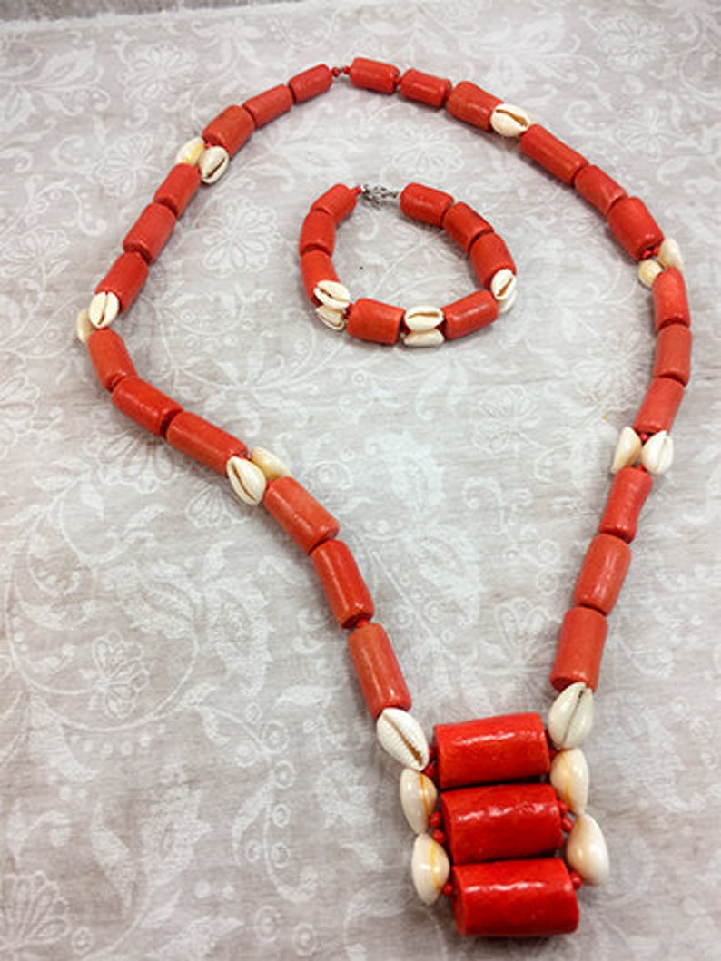 African Traditional Male Coral Beads Necklace | Cowrie Shell Coral ...