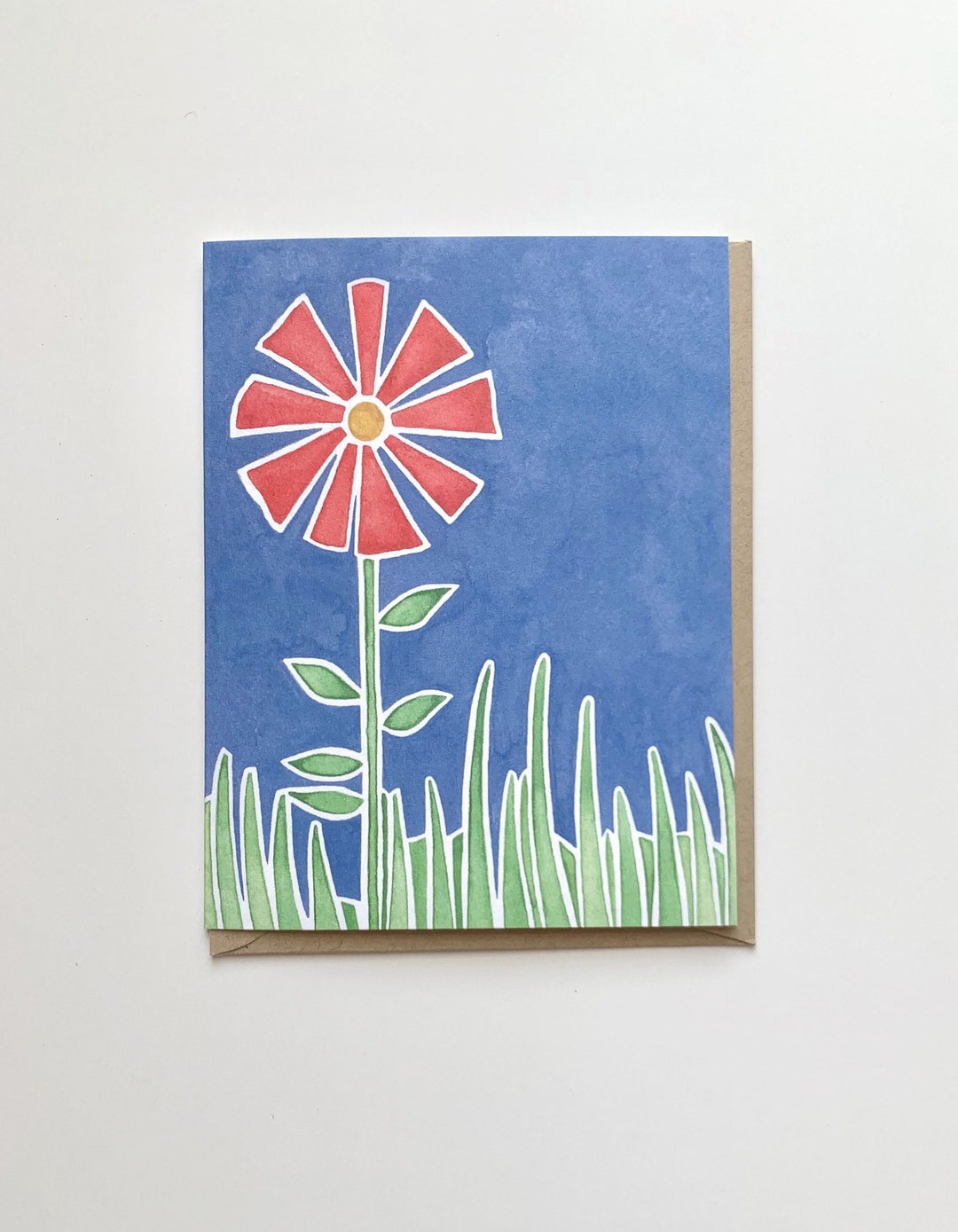 Blue Sky and Red Flower Card - Etsy