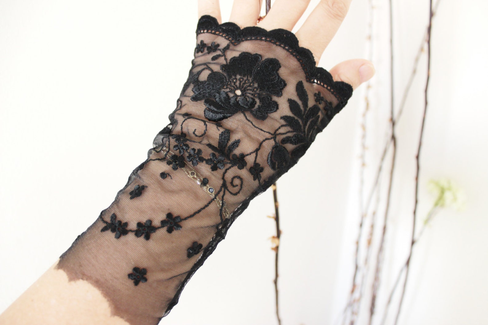 Black Lace Gloves Black Gloves Black Embroidered Gloves - Etsy