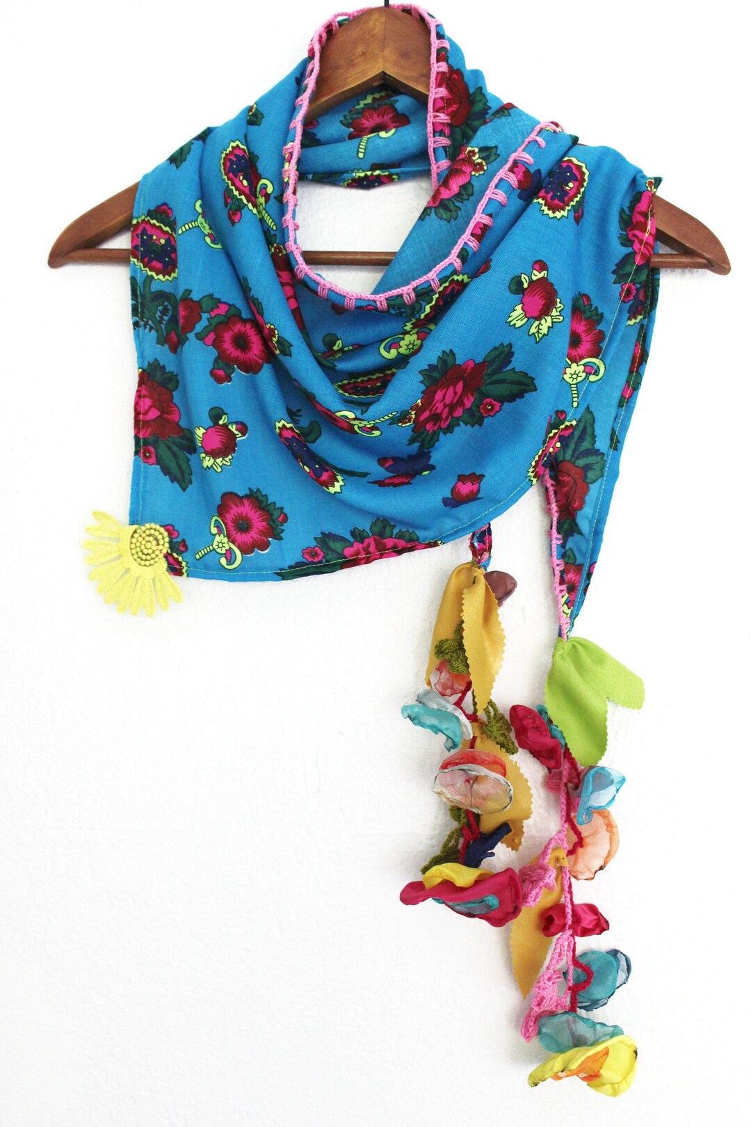 Blue Triangle Shawl, Fringed Flowers, Ethnic Cotton Shawl, Floral ...