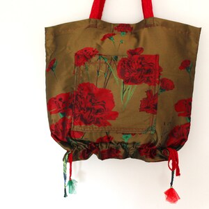 Poppy Flower Satin Tote Bag, Red Poppies Art Bag, Large Shopping Bag ...