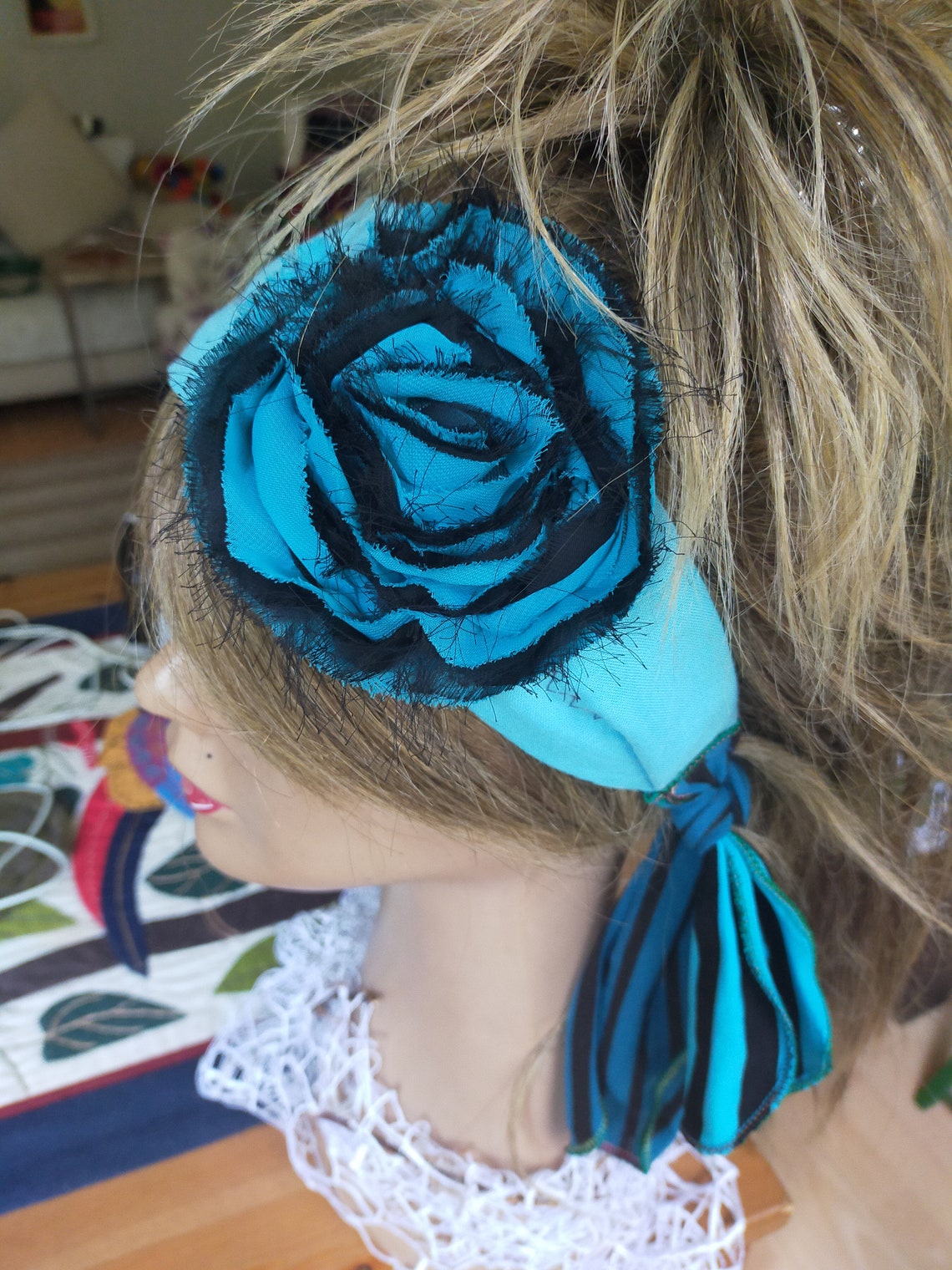 Blue hair band Blue black cotton Hippie headband Gypsy | Etsy