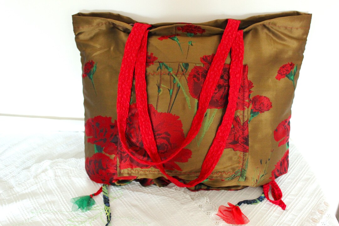 Poppy Flower Satin Tote Bag, Red Poppies Art Bag, Large Shopping Bag ...