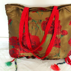 Poppy Flower Satin Tote Bag, Red Poppies Art Bag, Large Shopping Bag ...