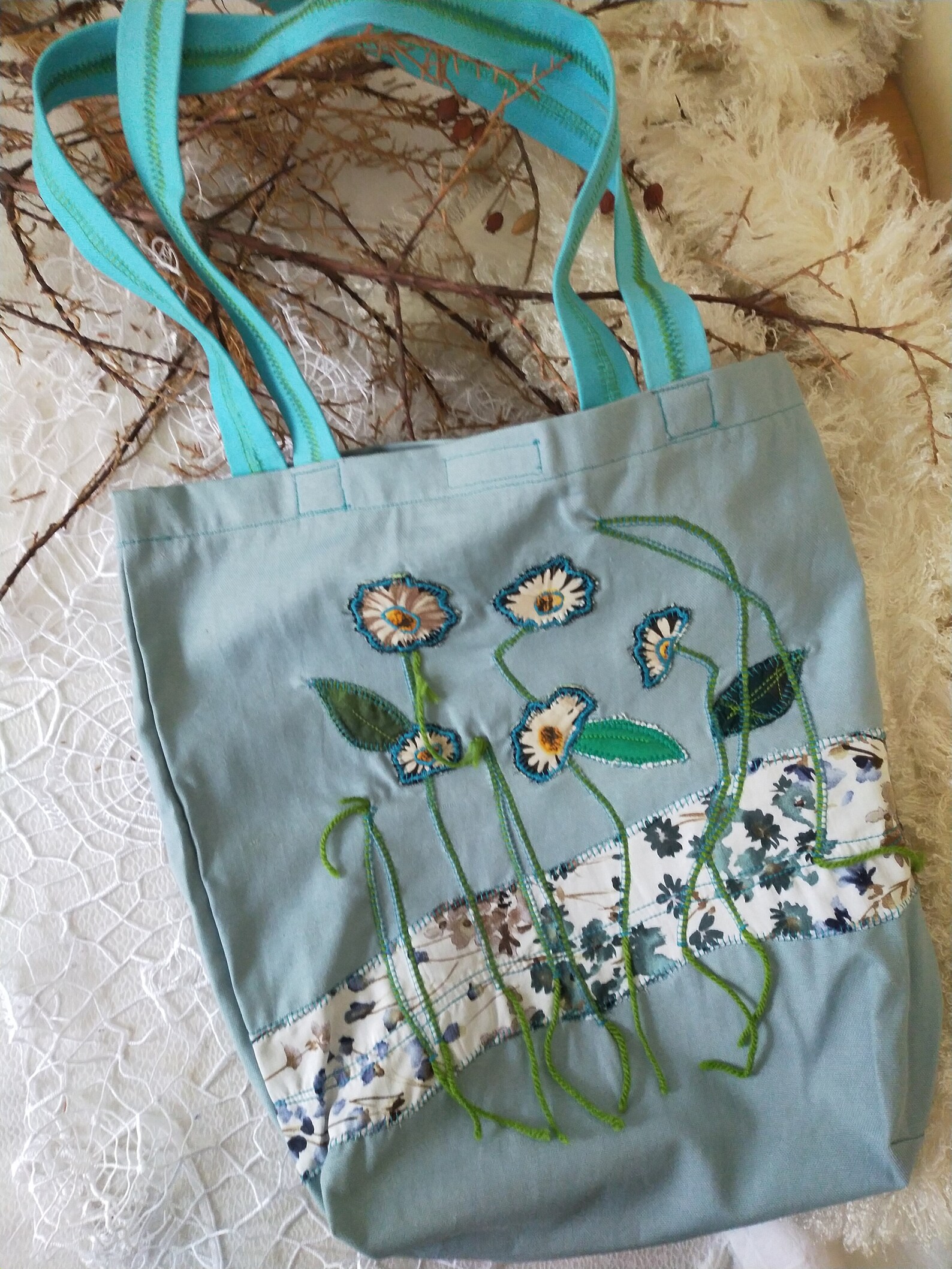 Blue canvas bag Canvas shoulder bag Long-handled boho bag | Etsy