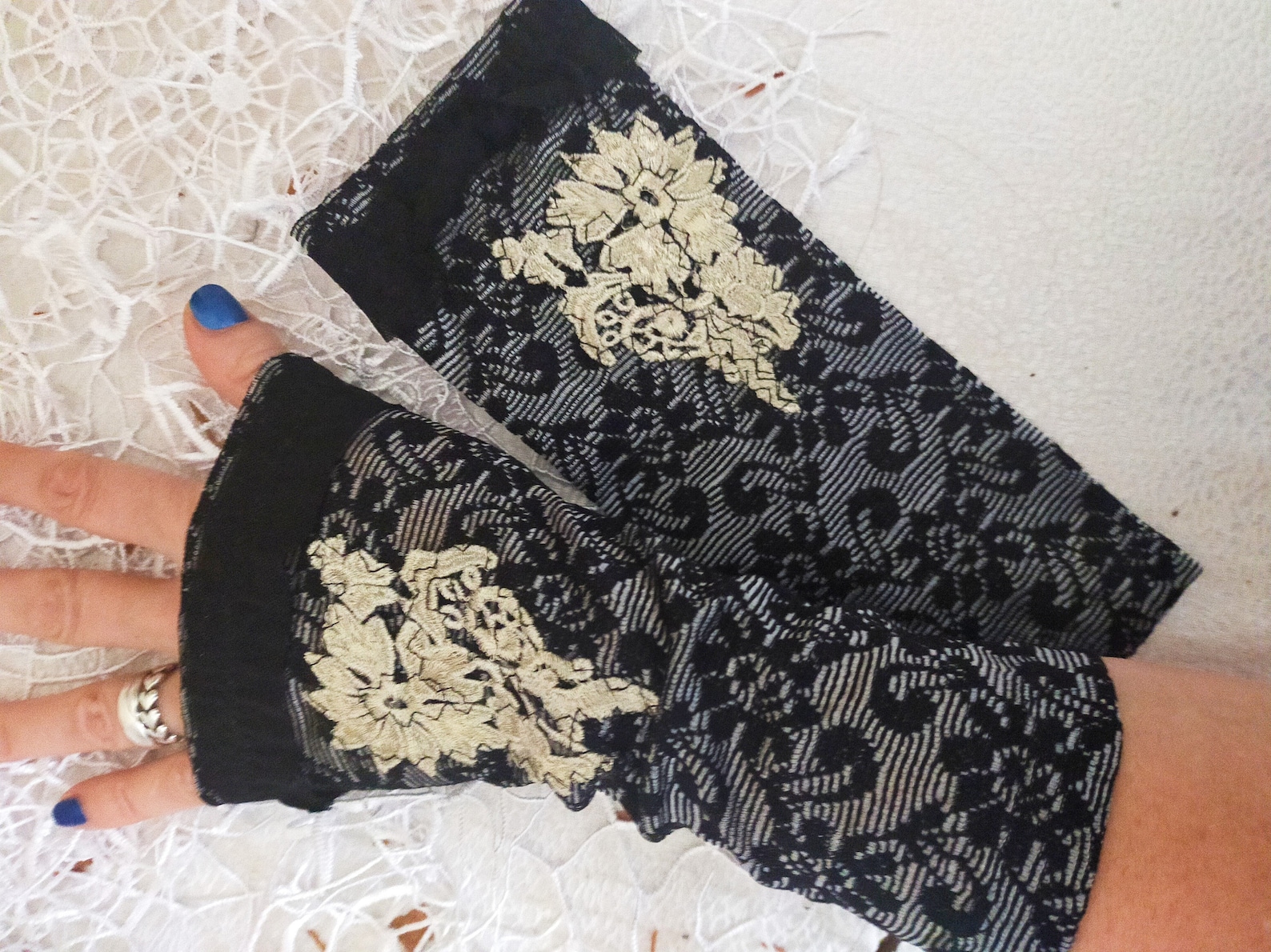 Black Gold Gloves Black Lace Gloves Black Fingerless Gloves | Etsy