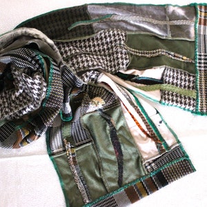 Extra Long Men Scarf, Green Brown Unique Shawl, Handmade Patchwork Boho ...