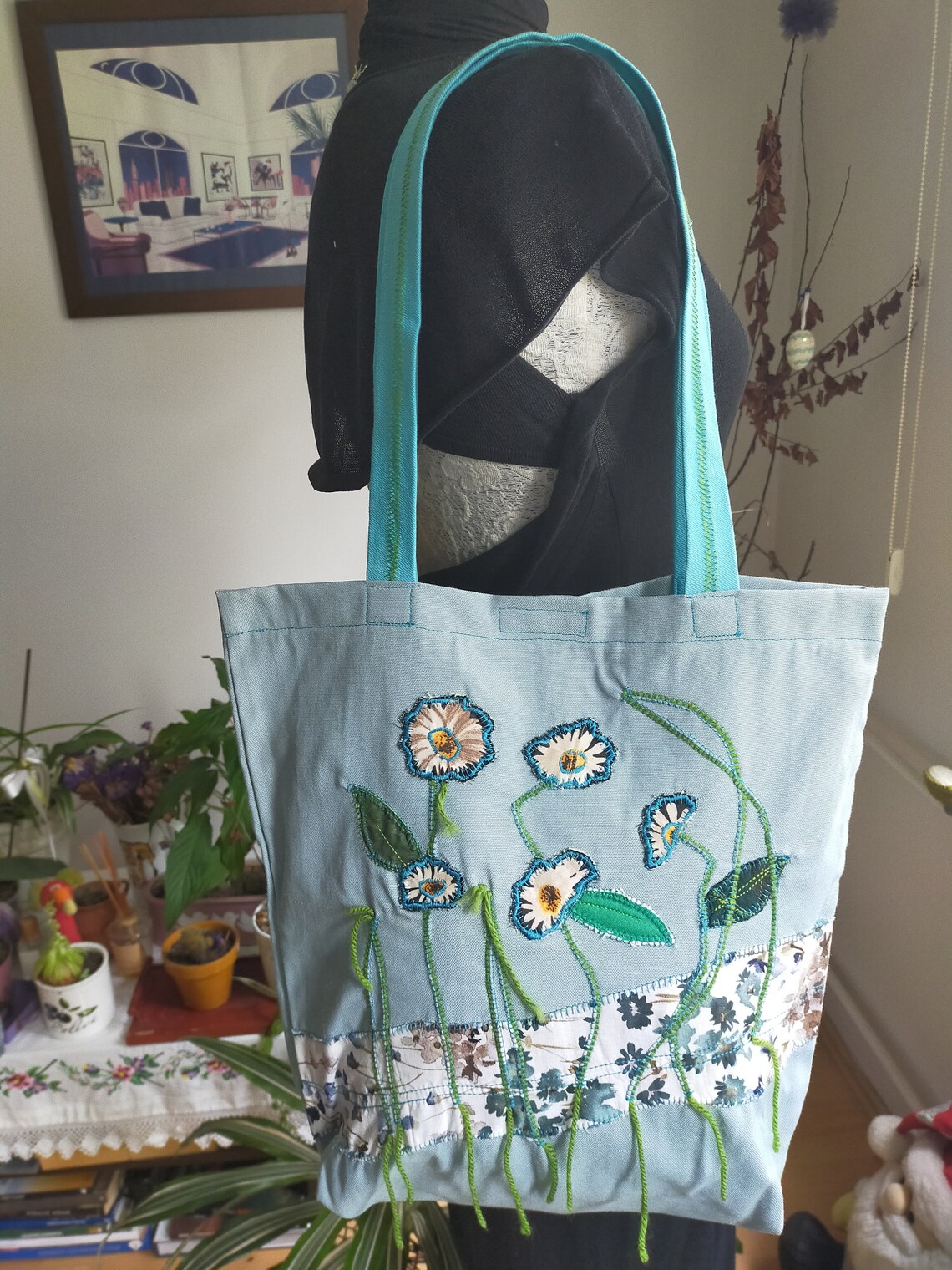 Blue canvas bag Canvas shoulder bag Long-handled boho bag | Etsy