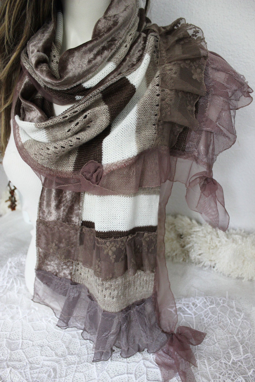Beige Lace Scarf, Extra Long Scarf, Striped Long Scarf, Brown Beige ...