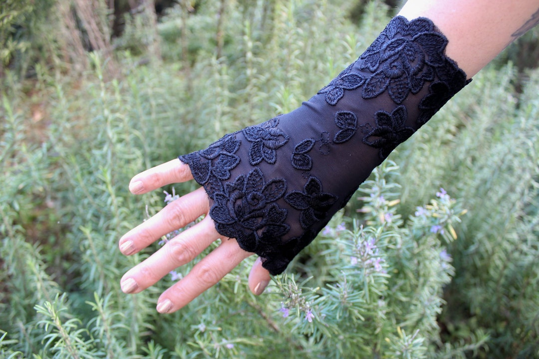 Black Lace Gloves, Black Gloves, Black Embroidered Gloves, Black Gothic ...