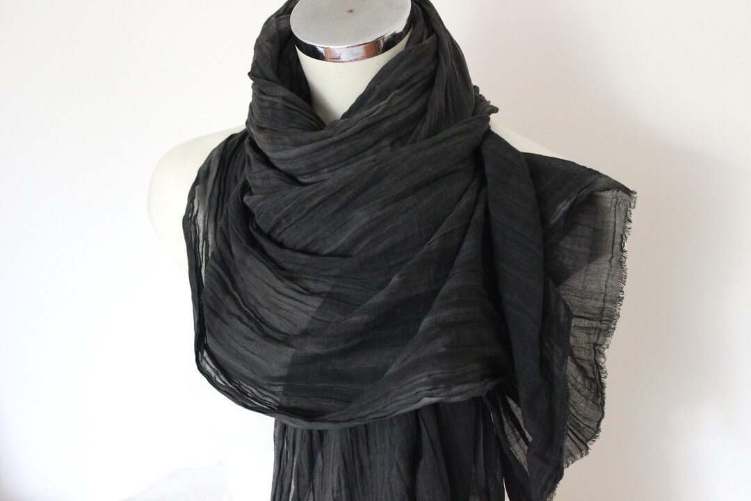 Black Gray Men Scarf, Crumpled Cotton Shawl, Large Dark Gray Scarf ...