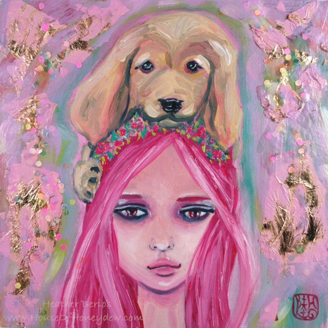 6x6 Original Oil Painting Dog Woman Girl, Companion Best Friend ...