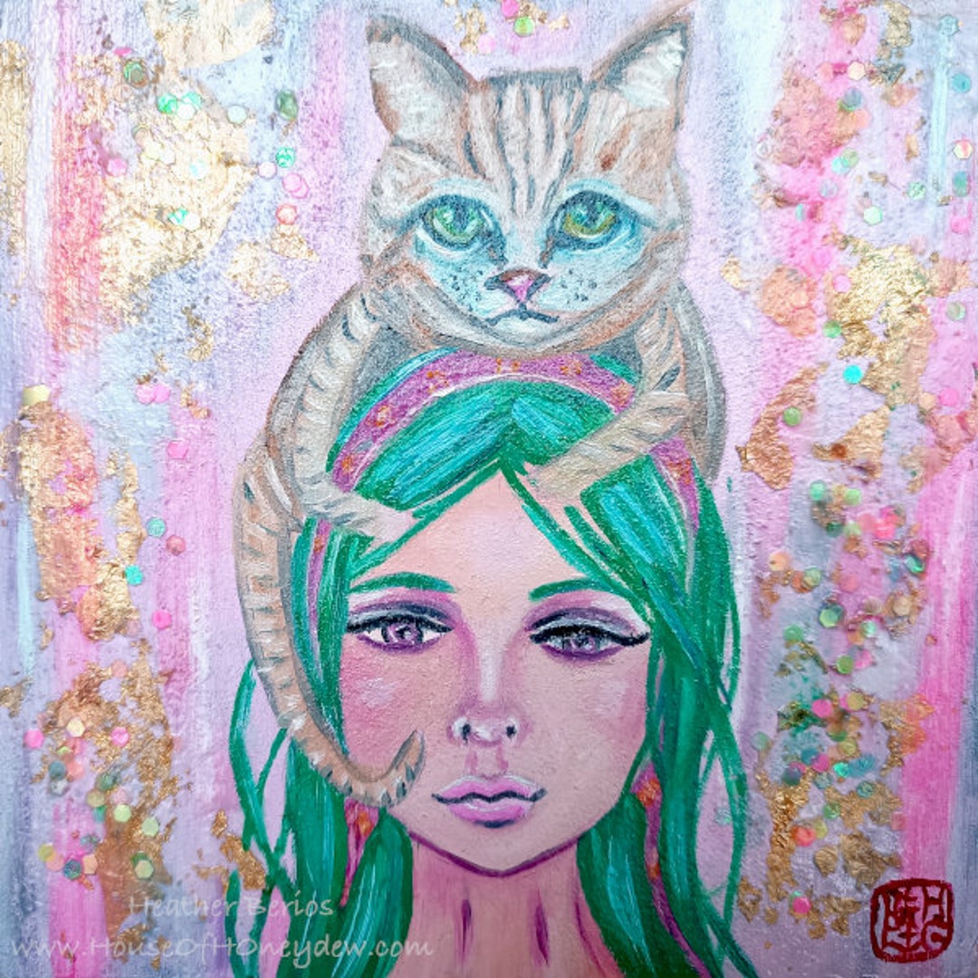 6x6" Original Oil Painting - Cat Woman Girl, Companion Best Friend ...