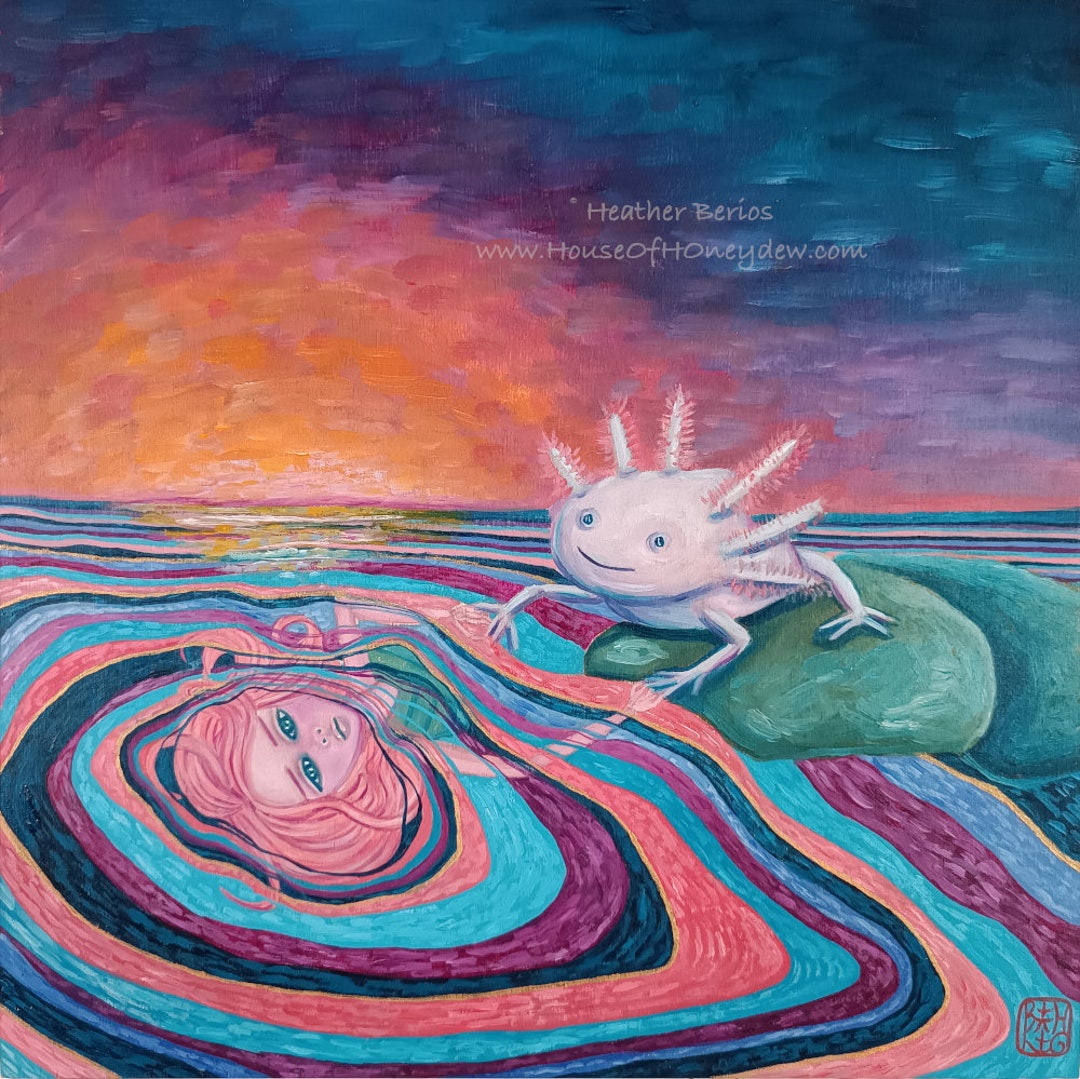 12x12" Original Oil Painting - Axolotl, Magical, Whimsical, Reflections ...