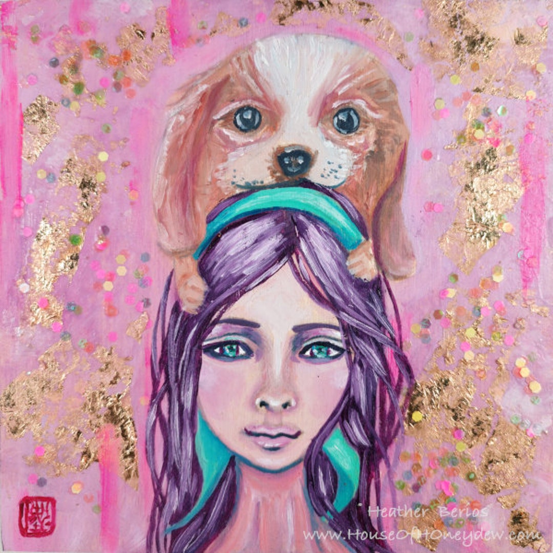 6x6 Original Oil Painting Dog Woman Girl, Companion Best Friend ...