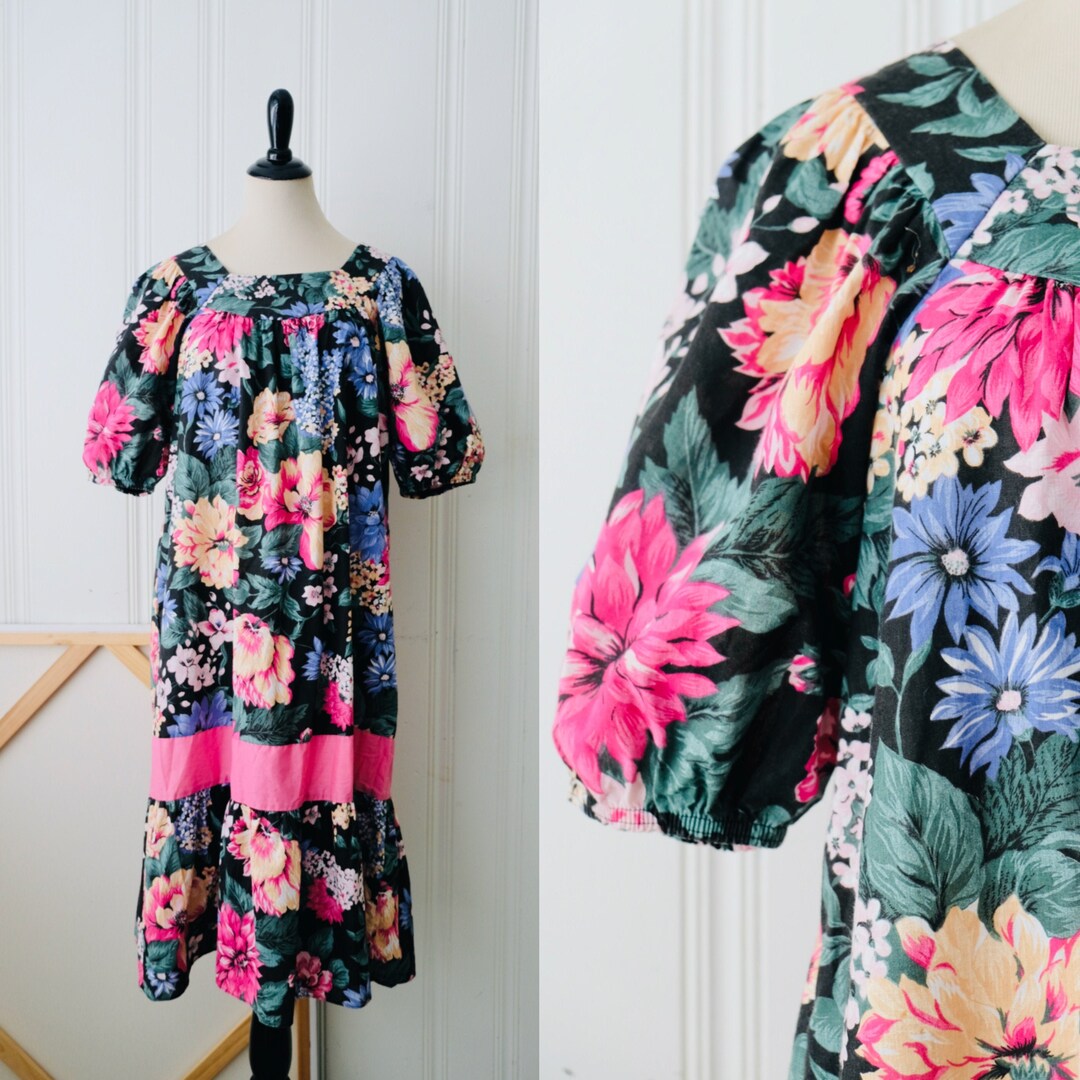 80s Blue Pink Floral Maxi Trapeze Dress W Puffy Sleeve Size Medium - Etsy