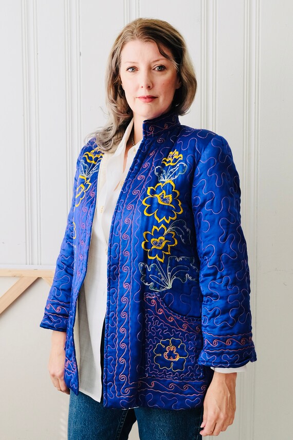 Vintage Chinoiserie Chinese Blue Satin Quilted Jacket… - Gem